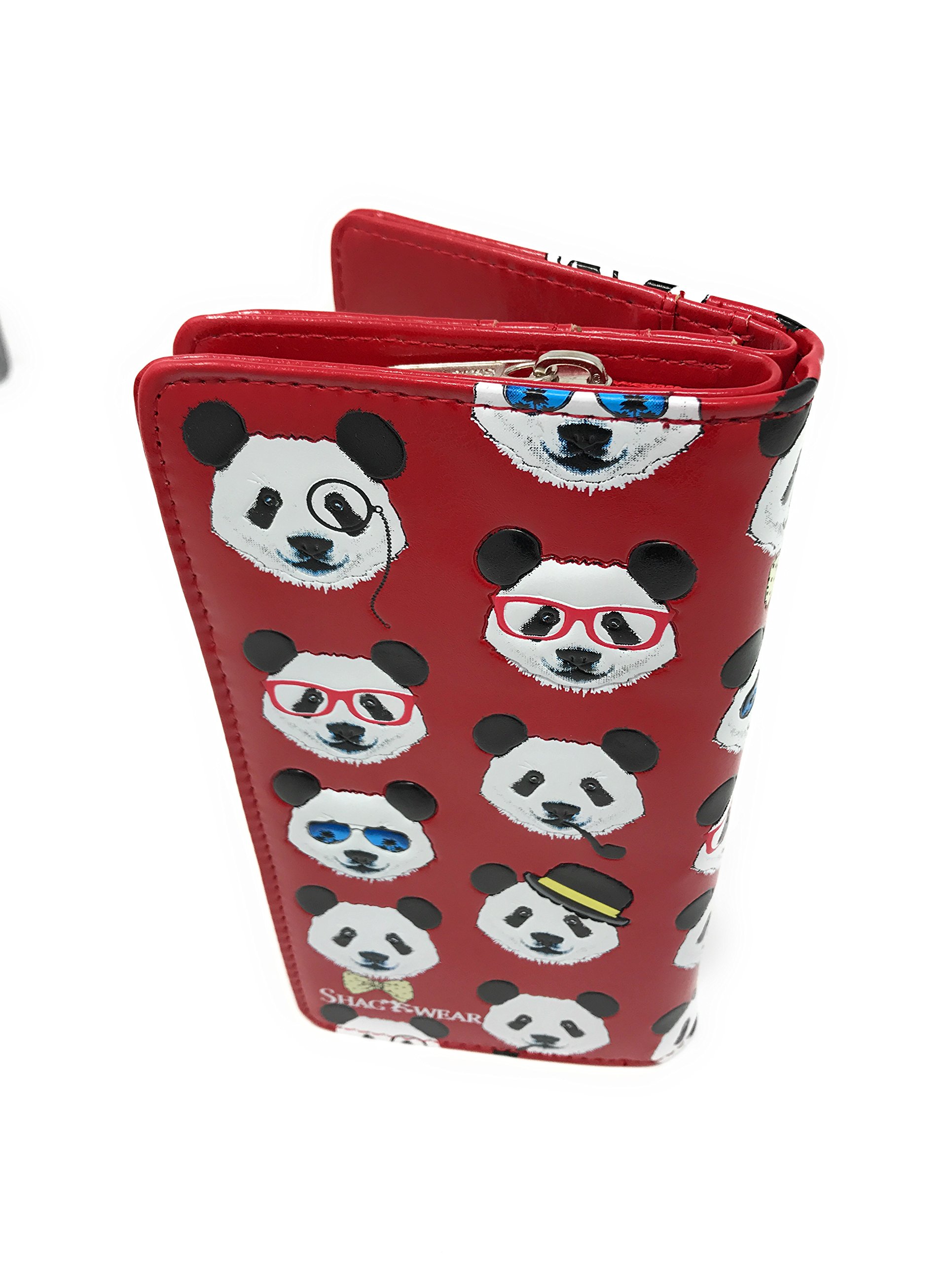 Shag Wear Panda Repeat Large Animal Wallet for Women Vegan Faux Leather Red 7"