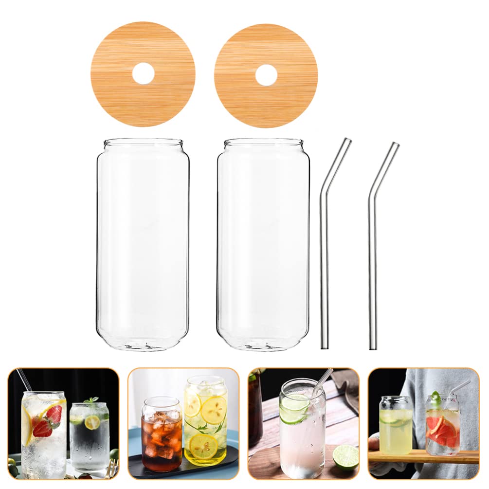 DOITOOL 2PCS Beer Can Glass with Lid and Straw, 18.6 oz Can Shaped Glass Cup with Lids ans Straw, Drinking Glass Cup with Glass Straw for Juice, Beer, Soda, Iced Drinks and Cocktails ( 550ml )