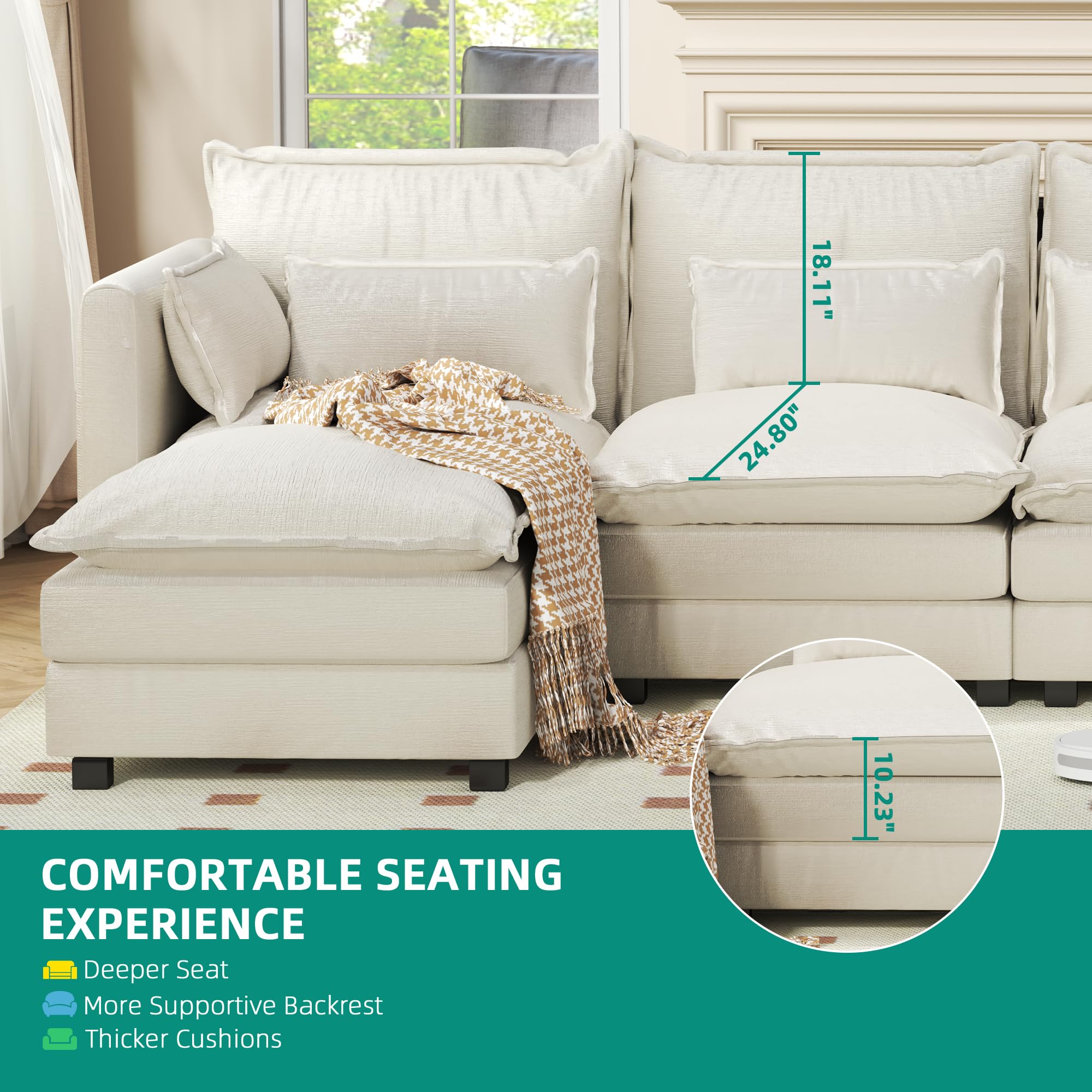 EDWELL Modular Sectional Sofa, Convertible 110" L Shaped Couches with USB & Type-C Ports, Comfy 4-Seater Sectional Couches for Living Room, Modern Cloud Couch Sectional with Moveable Ottoman, Beige
