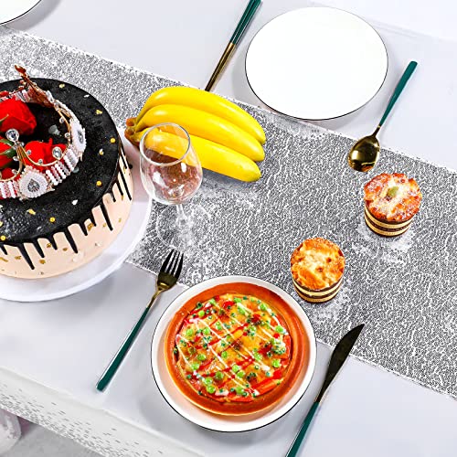 Tablecloth and Sequin Table Runner Set Polka Dots Confetti Table Cover Dining Plastic Table Cloths Glitter Decorations for Birthday Wedding Anniversary Party Supplies (White, Silver, 2 Pcs)