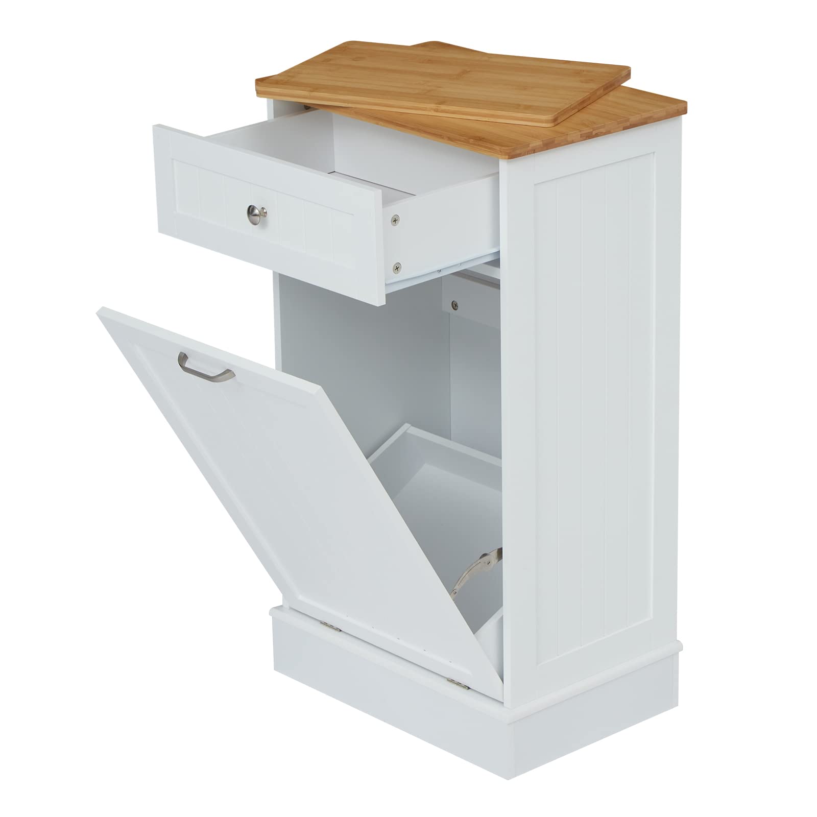 KINBOR BABY Recycling Tilt Out Trash Cabinet - Trash Bin Cabinet for Kitchen with Drawer and Removable Bamboo Cutting Board, White