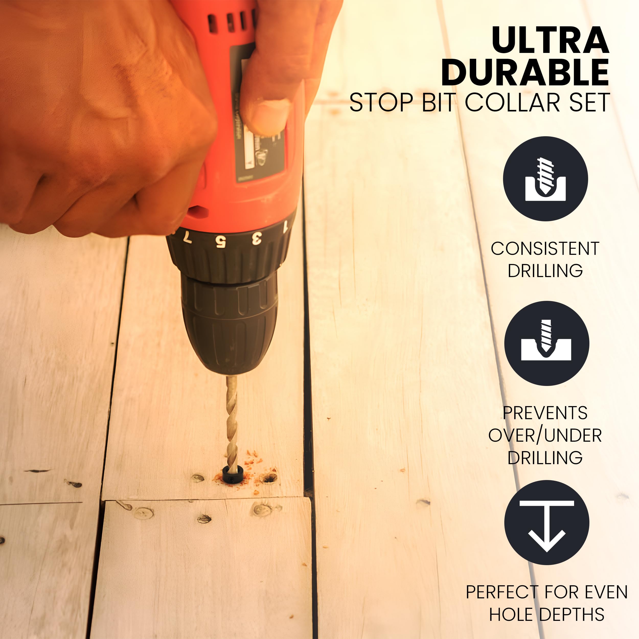 Drixet Drill Stop Bit Collar Set – Kit Includes: 1/8", 3/16”, 1/4”, 5/16”, 3/8”, 7/16” and 1/2-Inch with Allen Wrench to Tighten The Stops Set-Screws (7-Piece)