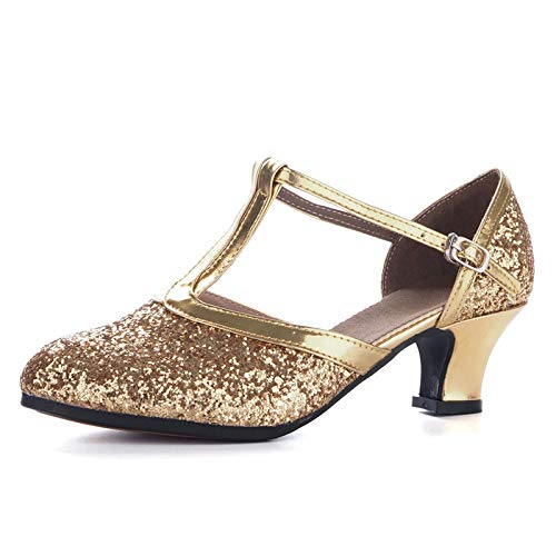 DKZSYIM Women's Latin Dance Shoes Ballroom Performance Dance Shoes Model KM838, Gold, 9 B(M) US