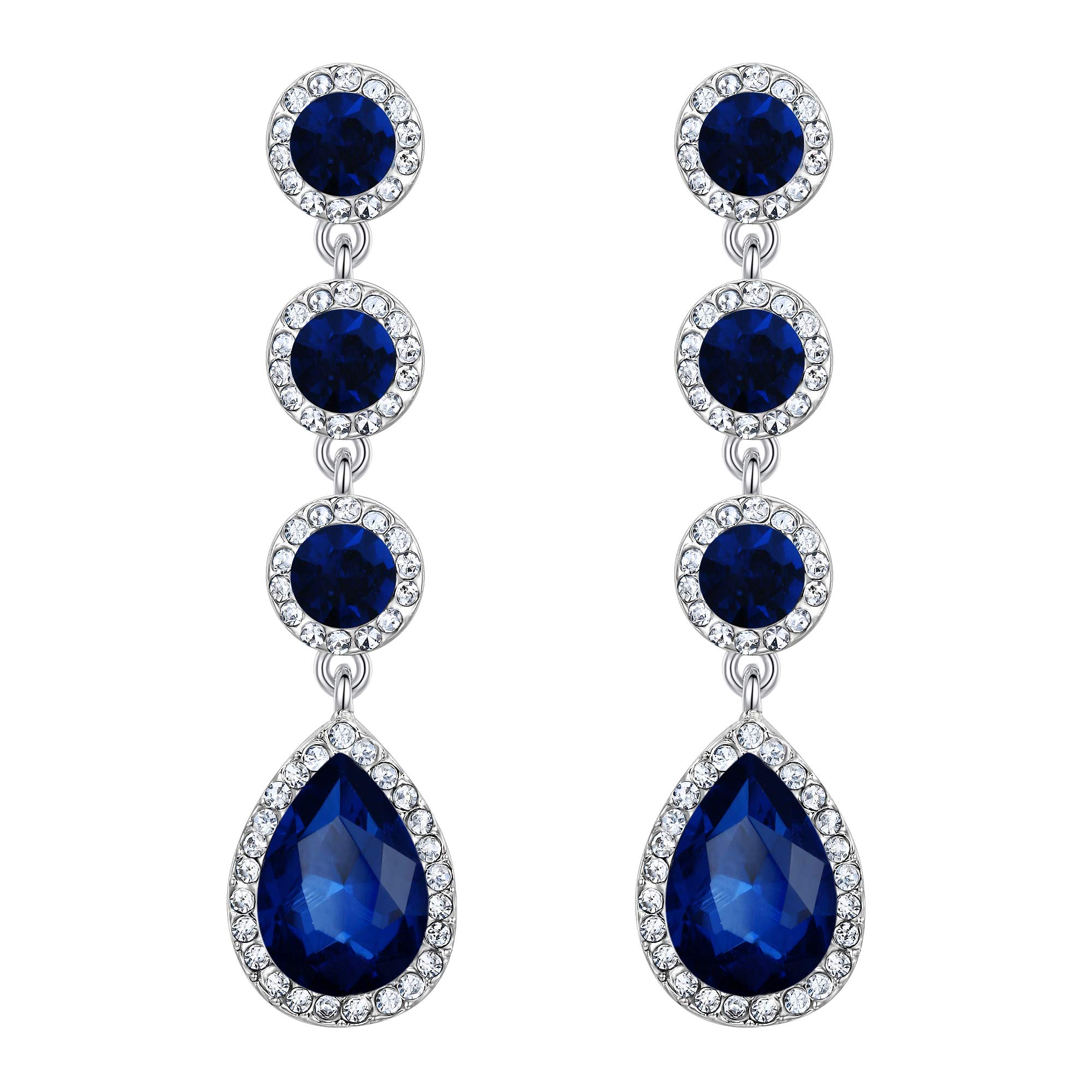 BriLove Wedding Bridal Dangle Earrings for Women Elegant Crystal Teardrop Chandelier Earrings Navy Blue Sapphire Color Silver-Tone