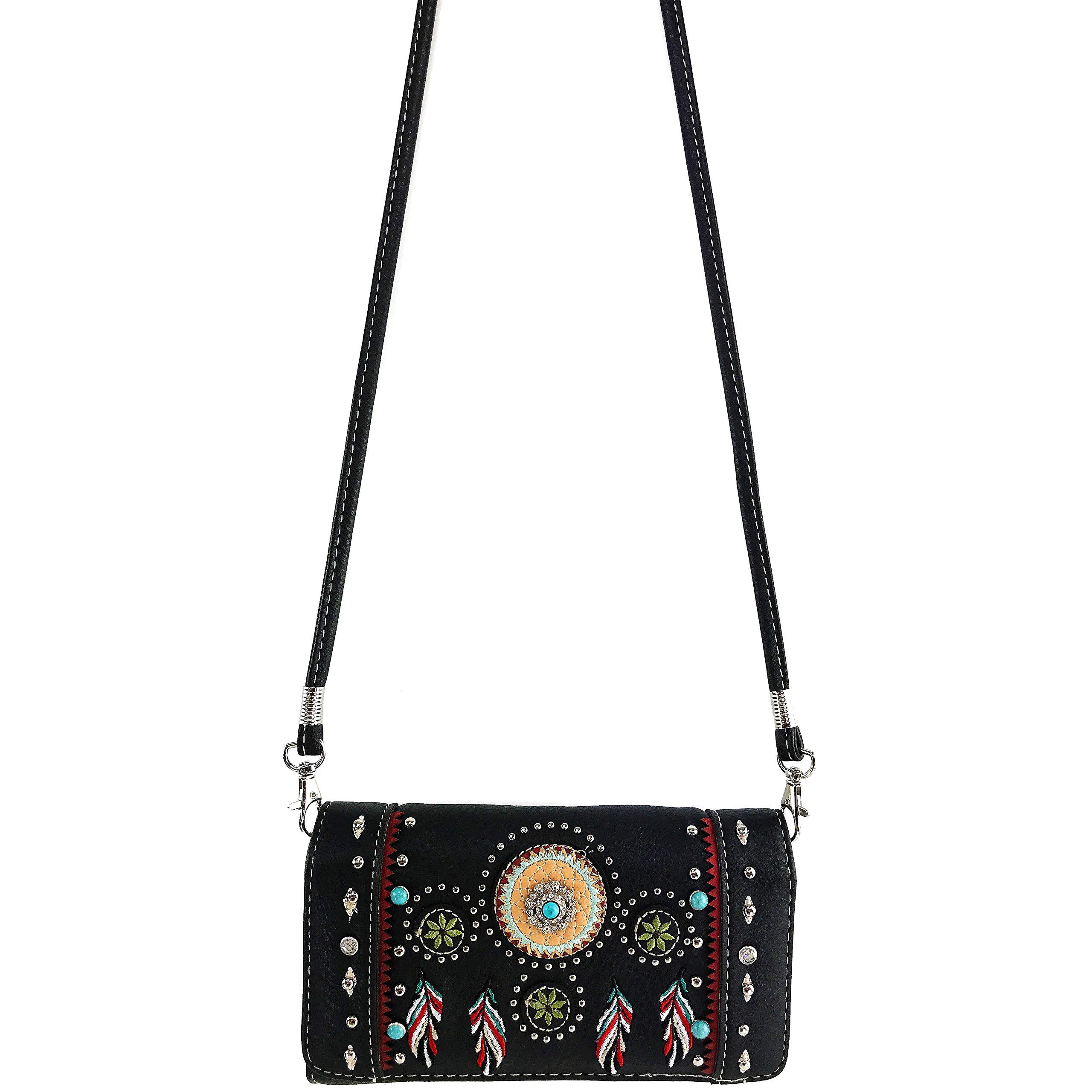 Zelris Tribal Dream Catcher Feather Embroidery CCW Concealed Carry Western Handbag And Wallet Set (Black)