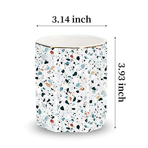 LEAZUL Pen Holder, Makeup Brush Holder Ceramic Shiny Gold Terrazzo Marble Stone Pattern Pencil Cup for Girls Kids Women Durable Stand Desk Organizer Storage Gift for Office, Classroom, Home Light Blue