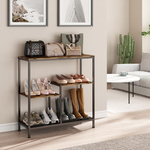 GILLAS Sofa Table, 3 Tier Console Table for Entryway, Narrow Entry Table & Open Storage Shelves, Skinny Side Table for Living Room, Hallway, Entrance Hall, Corridor, Bedroom, Rustic Brown and Black