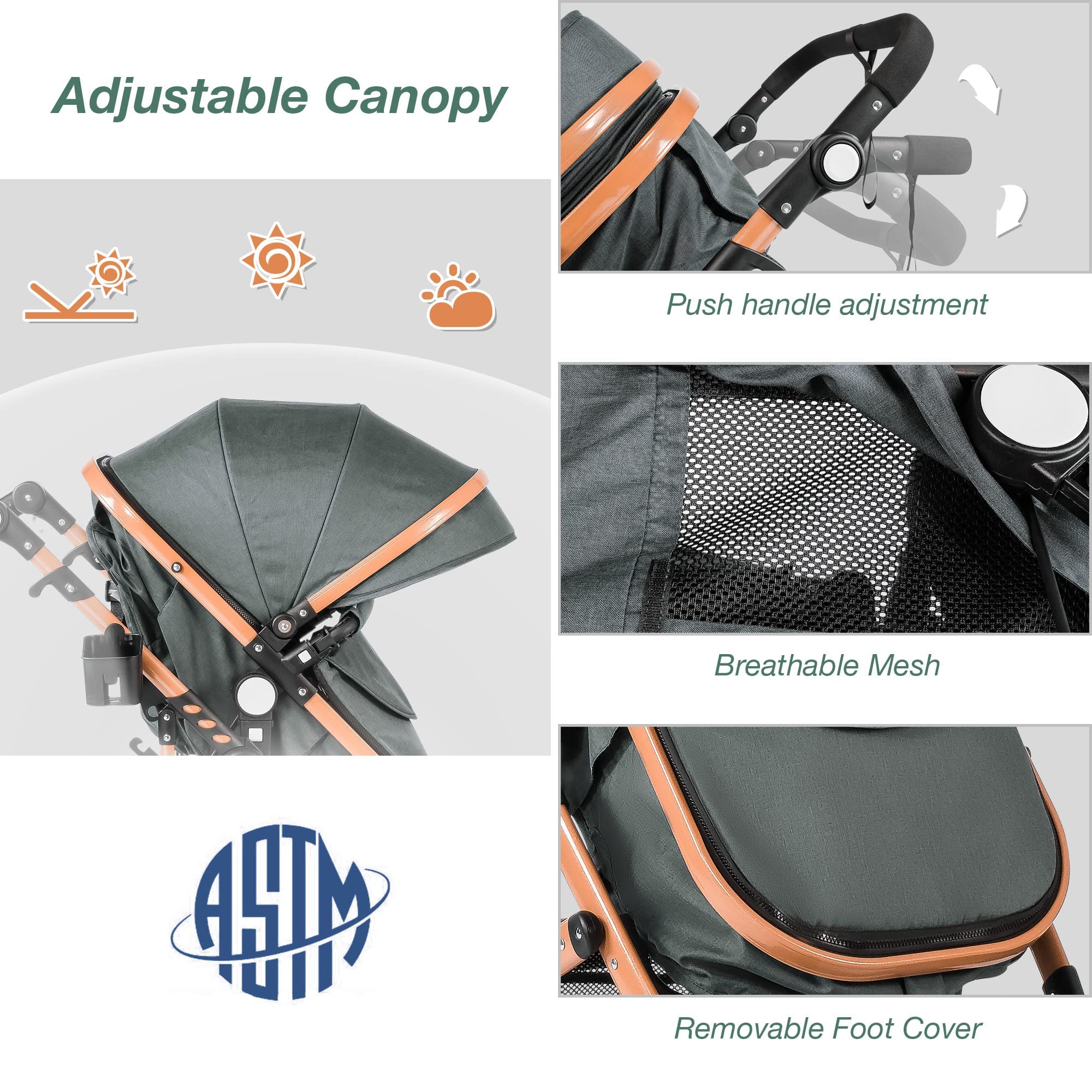 COLOR TREE 2 in 1 Baby Stroller, High Landscape Infant Stroller, Newborn Reversible Bassinet Pram, Foldable Pushchair with Foot Cover, Cup Holder, Net, Safety Wrist Strap (Celadon)