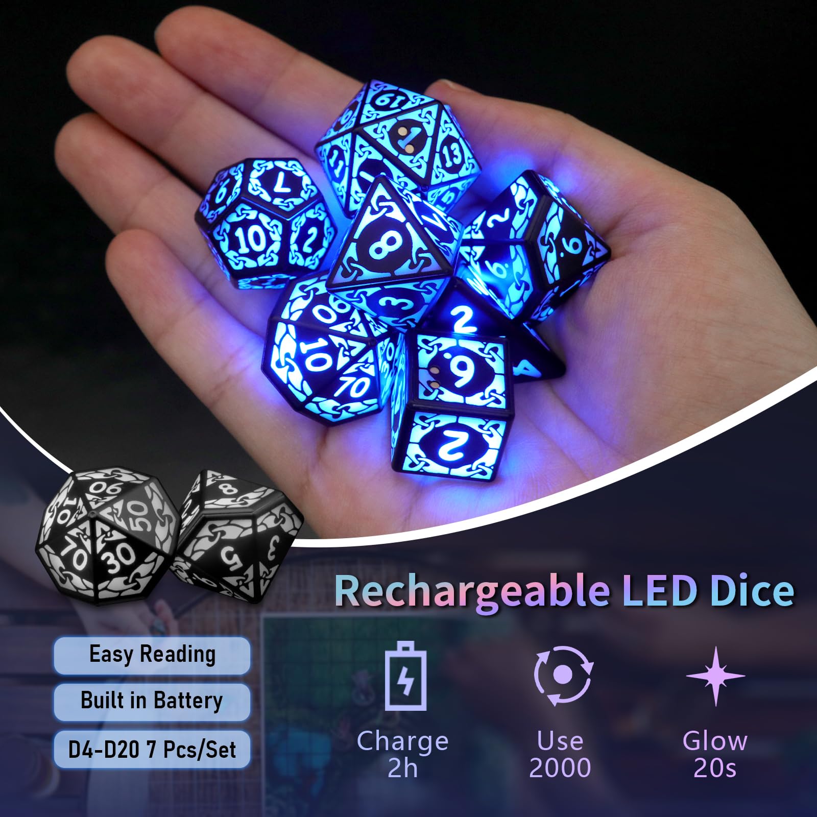 Charging Dice with Charging Box, DND Dice 7 PCS LED Electronic Dice, Dungeons and Dragons Dice Polyhedral Dice Sets for Tabletop Games D&D Dice MTG Pathfinder Role Playing Game（White-Colored Light