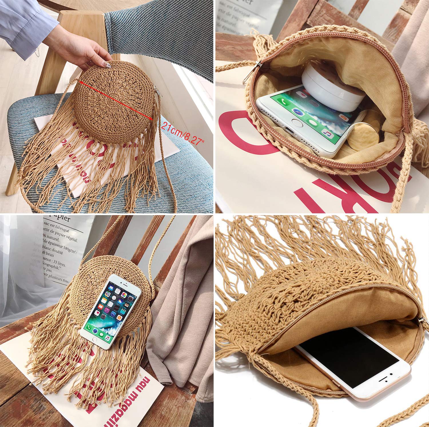 Nice Pies Women Round Handbags Straw Bag holiday beach round bag Tassel Vintage Cotton line Messenger Bag