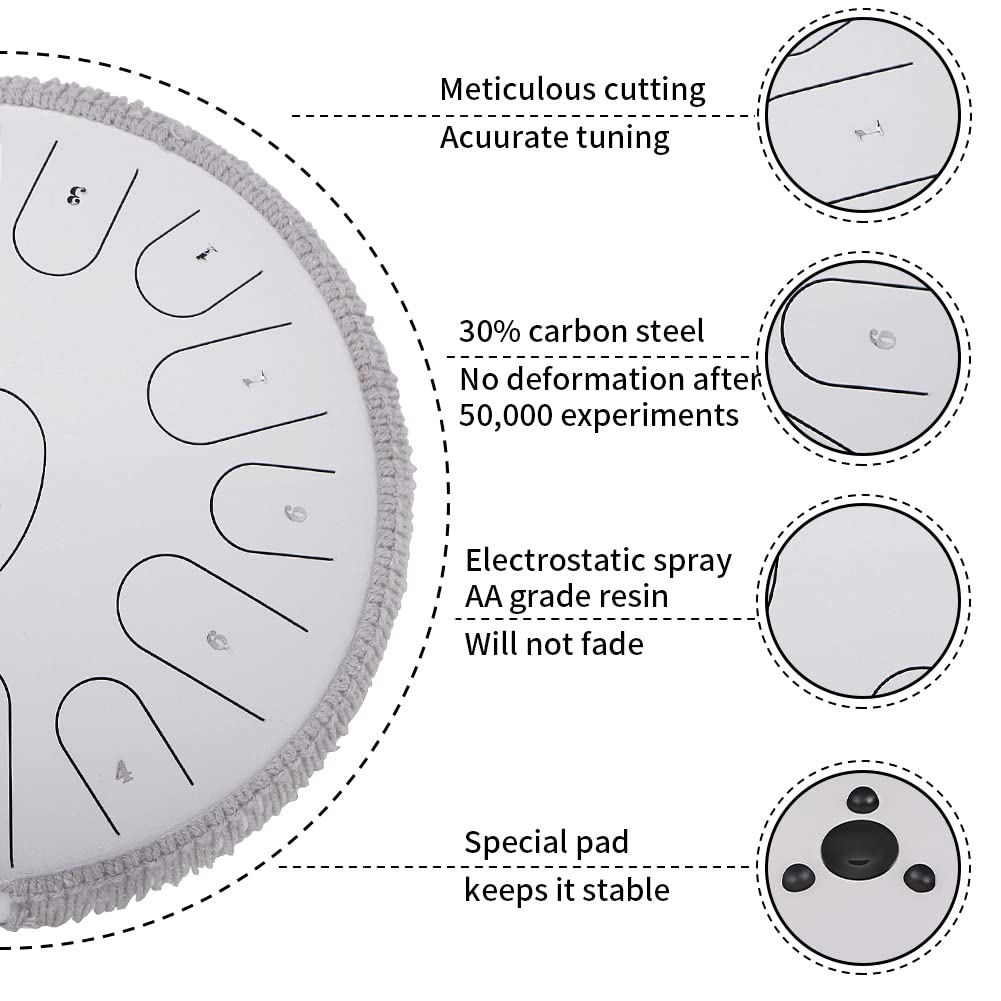 Steel Tongue Drum 15 Notes 14 Inches Percussion Instrument Handpan Drum,Tongue Drum for Adults and Teens with Bag, Music Book, Mallets, Finger Picks (white)