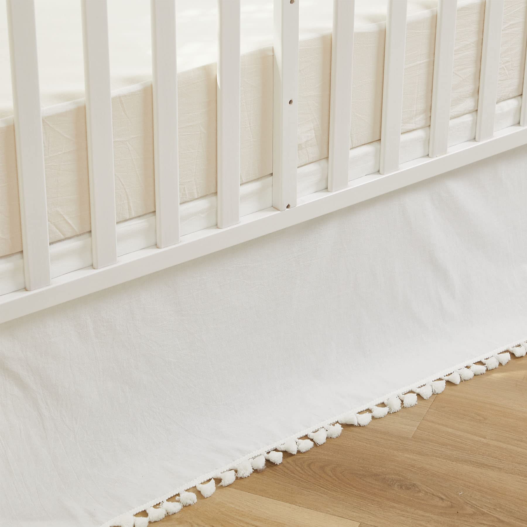 Brandream Gender Neutral Boho Bohemian Baby Girl Boy Nursery Crib Bedding Set 3 Pieces Solid White Farmhouse Chic Unisex Minimalist Tassel Fringe Macrame Cozy 100% Washed Cotton