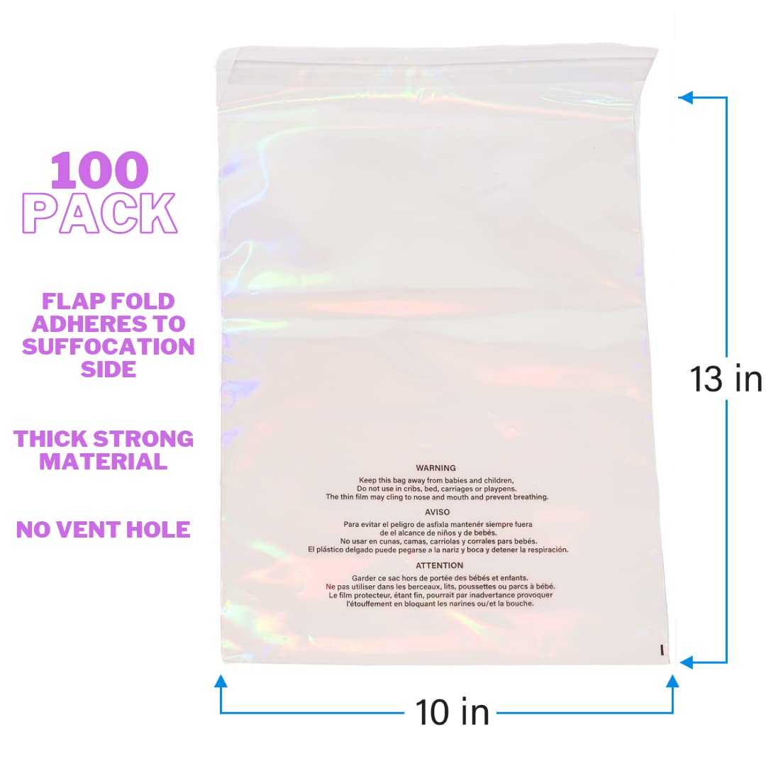 BRONKS - 14" X 20" (100 Pack) Holographic Clear Resealable Cellophane Bags with Suffocation Warning - Fits 14x20 clothing, Photos, Prints, Documents - Self Seal (Iridescent)