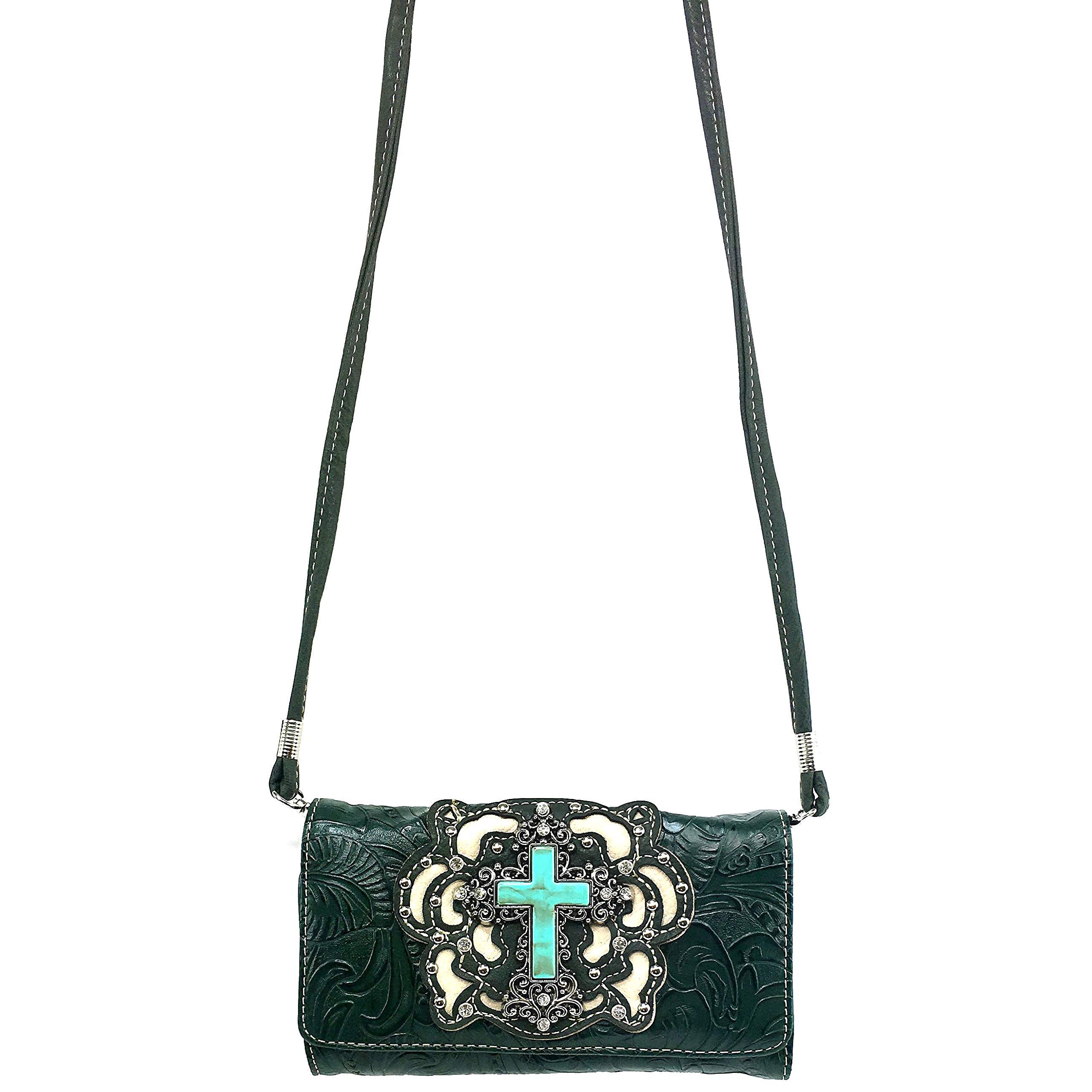 Zelris Western Turquoise Stone Cross Women Crossbody Wrist Handle Trifold Wallet (Olive)