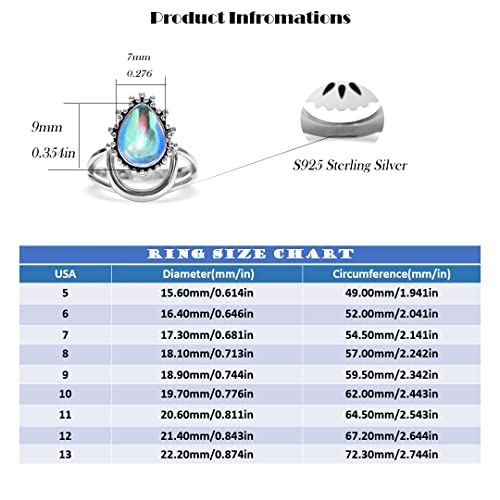 DALEGEM Natural Moonstone Crystal Stone Ring,S925 Sterling Silver Waterdrop Floodlit Quartz Gemstone Crescent Moon Boho Statement Ring Jewelry Gift for Women Girls Her (Ring_Moonstone, 10)
