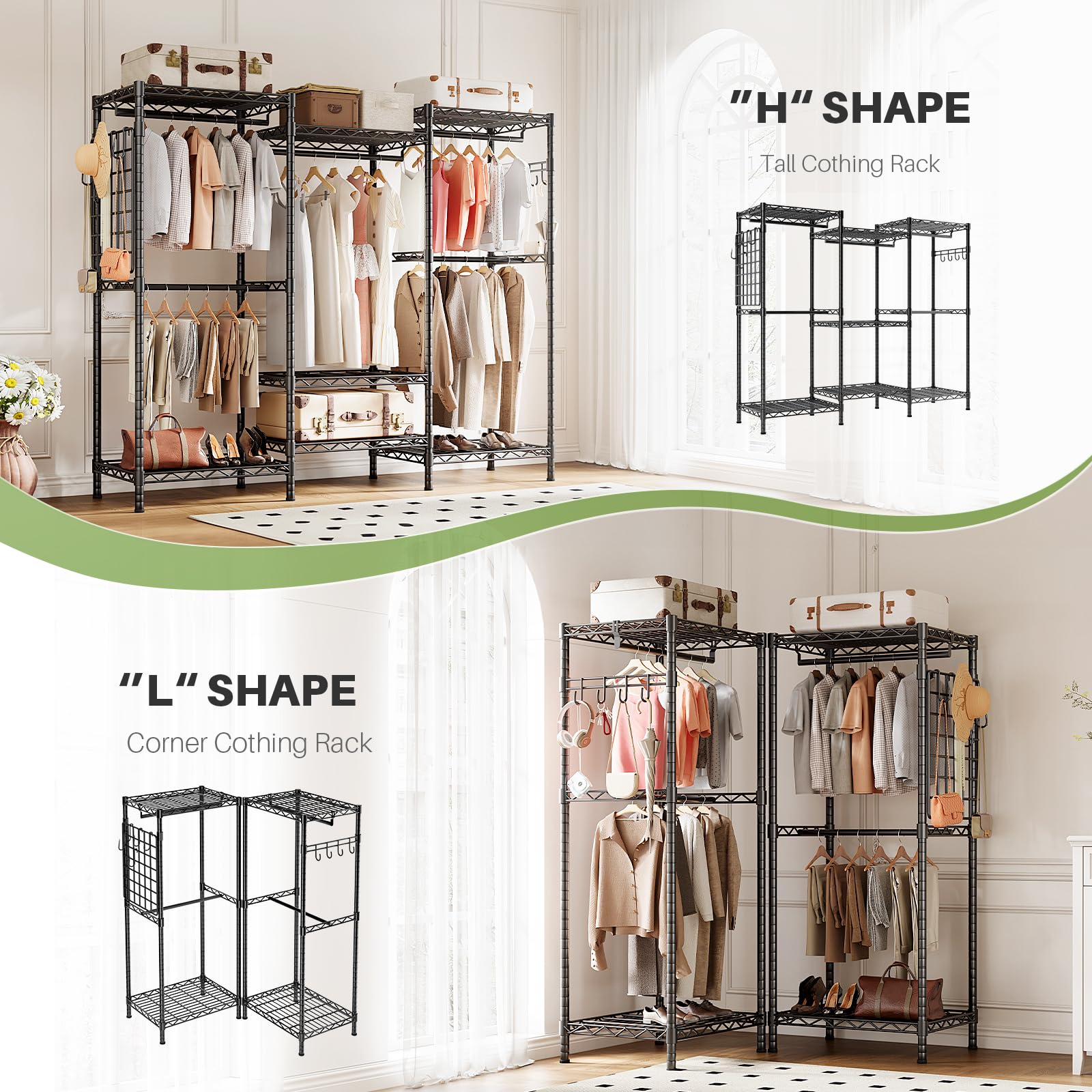 HOKEEPER Clothes Rack Heavy Duty Clothing Rack for Hanging Clothes 1600LBS Freestanding Garment Rack with 5 Hang Rods, Side Mesh Board & Hooks, Portable Wardrobe Closet 70" W X 17" D X 76" H, Black