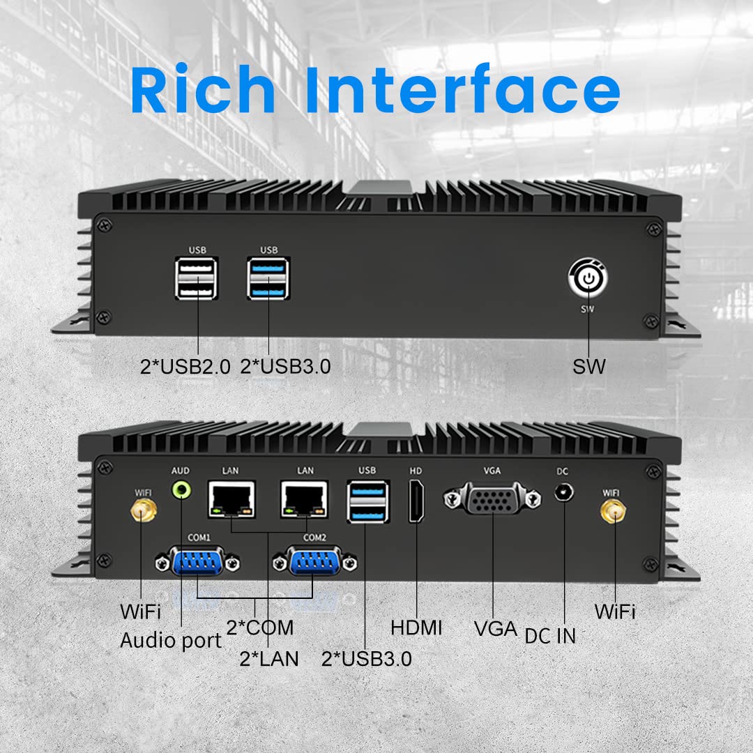Kinupute Fanless Mini PC, Industrial Desktop Computer Core i3-5005U 2.0GHz, Windows 10 Pro, 8GB RAM, 128GB SSD, 2xNICs, 2xCOM RS232, 4xUSB 3.0, HDMI/VGA Ports, Support Auto Power On