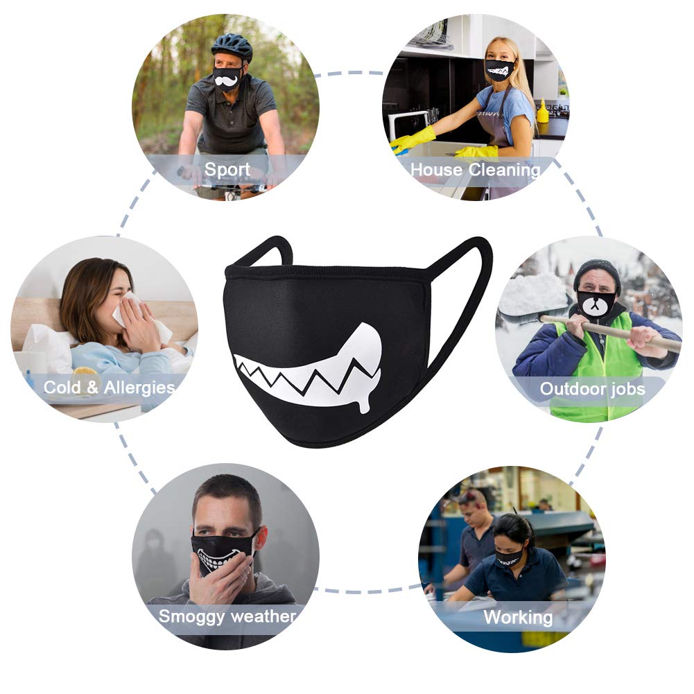 CIKIShield 6Pack Funny Black Face Mask Washable Reusable Face Cover for Teens Men Women Boy Kids (Only Over 10 Years Old)