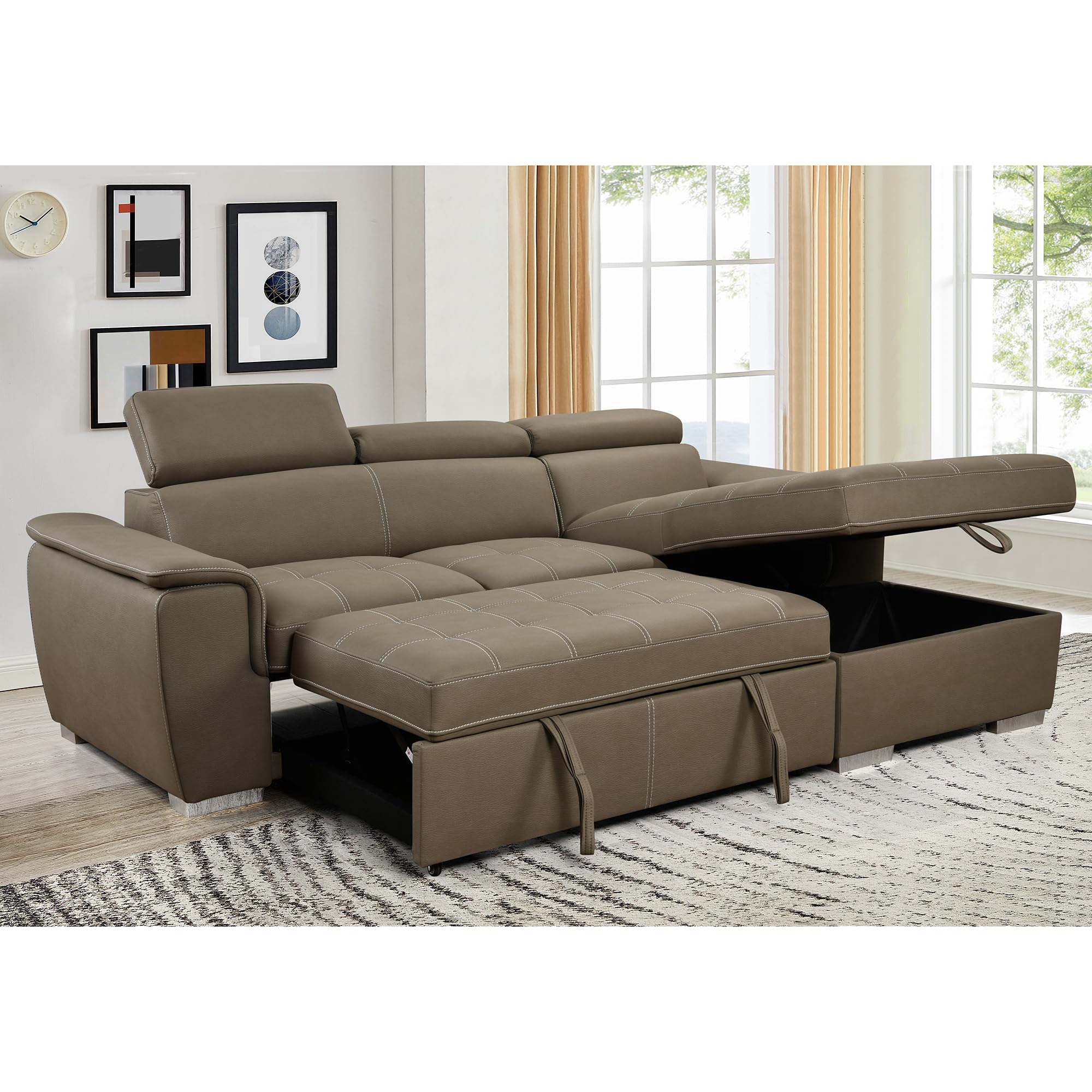 Holaki 105" Convertible L Shape Sectional Couch,Modern Sectional Sleeper Sofa with Pull Out Bed and Storage Chaise,Sectional Sofa Bed with Adjustable Headrest and Stools for Living Room(Grey)