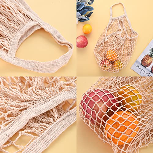 Eslazoer [2 pack] completely Cotton string storage shopping bags, Ecology Reusable and washable mesh grocery bag, Portable short handle net tote beige