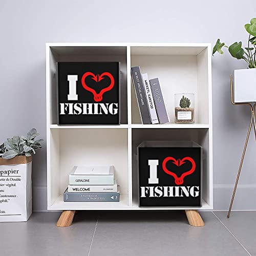 I Love Fishing Hook Foldable Storage Bins Printd Fabric Cube Baskets Boxes with Handles for Clothes Toys, 11x11x11