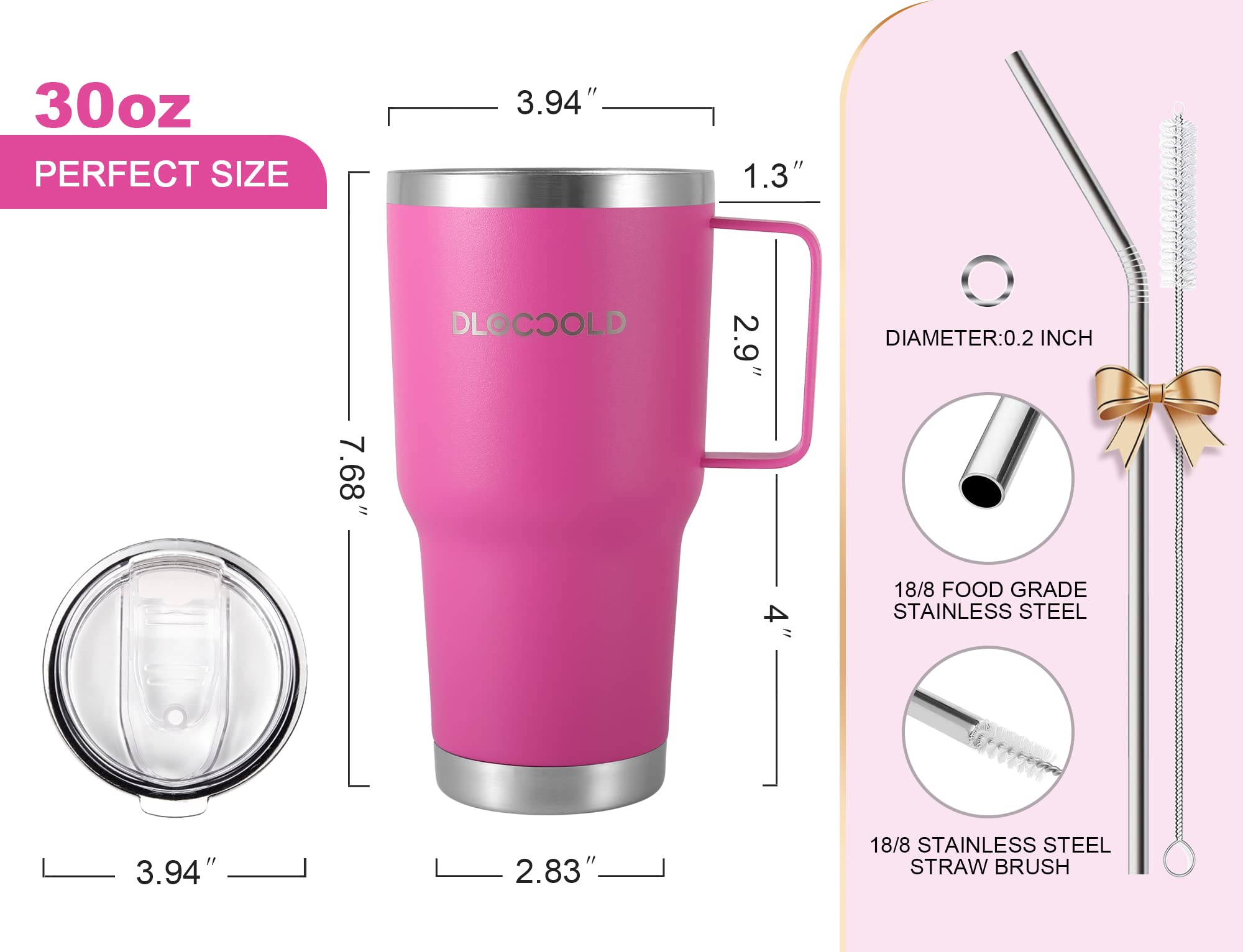 DLOCCOLD 30 oz Tumbler with Handle, Stainless Steel Insulated Travel Coffee Mug with Lid and Straw, Thermal Coffee Cup for Hot&Cold Drinks,Spill Proof,Cup Holder Friendly,Dishwasher Safe,BPA Free