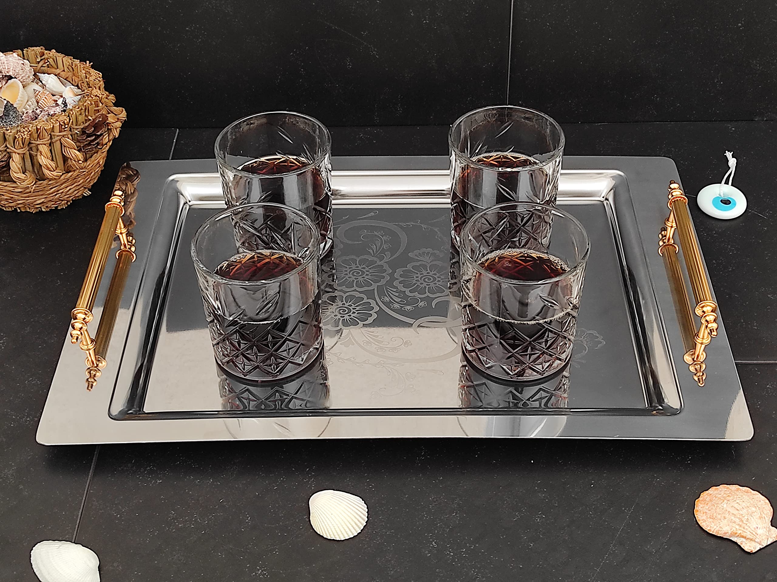 Candymosa Silver Serving Tray with Handles (18βx12β) - Stainless Steel Serving Tray for Drinks and Food - Silver Tray Decorative - Ideal as a Coffee Tray, Bar Tray, Silver Platter or Turkish Tray