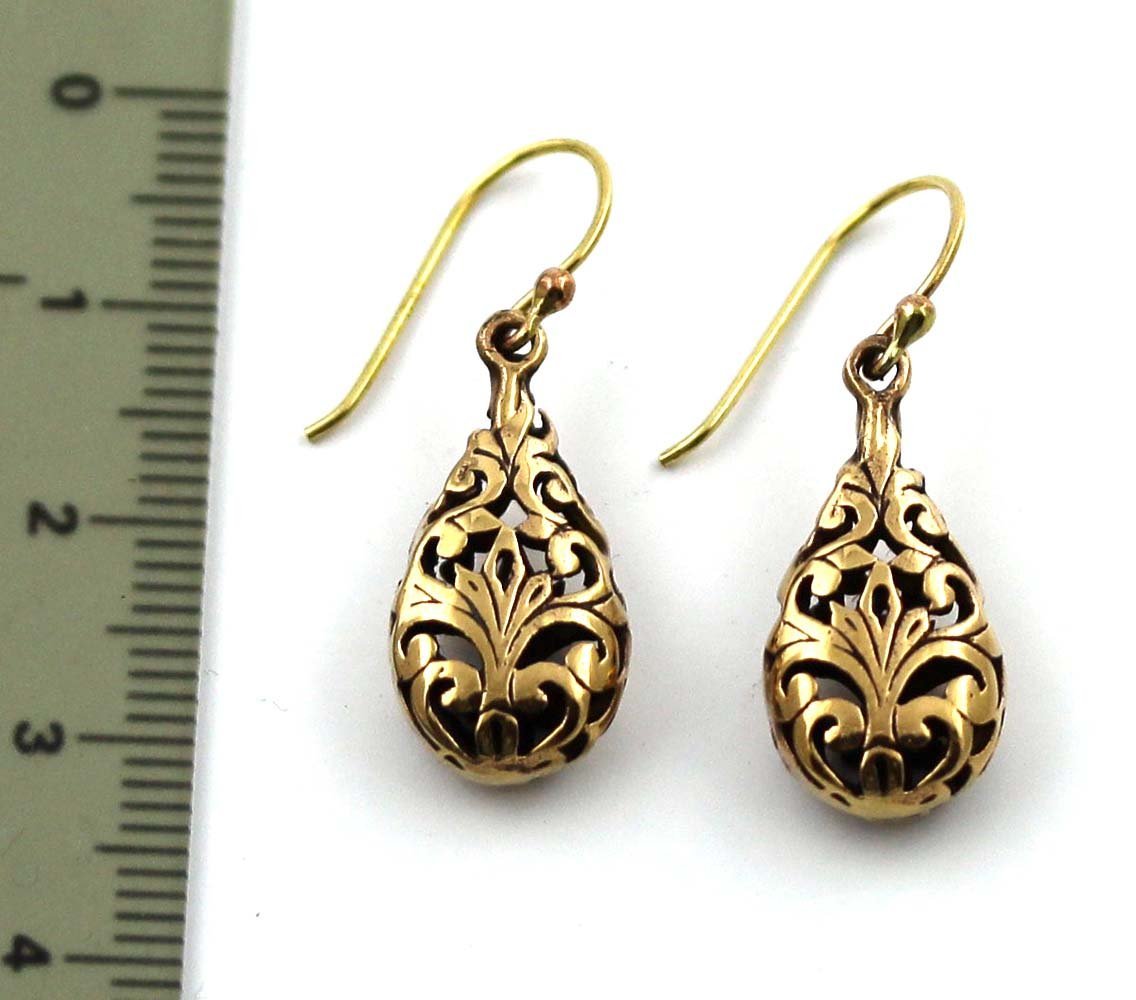 Bronze Vine Filigree Teardrop Shaped Drop Dangle Earrings Fish Hook Thailand Jewelry