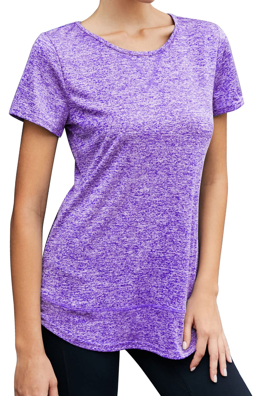 CHAMA Short Sleeve Workout Tops for Women Tshirts Loose Fit Running Plus Size Long Tees Flowy Activewear(Short Purple,Medium)