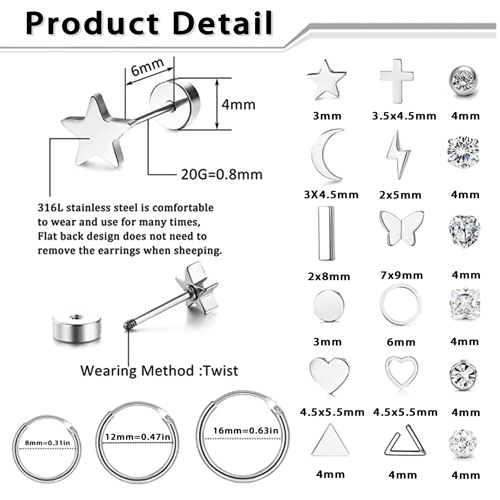 CHARIFIN Women's Earrings Stainless Steel Cartilage Tragus Daith Helix Earrings Ear Piercing 21 Pairs