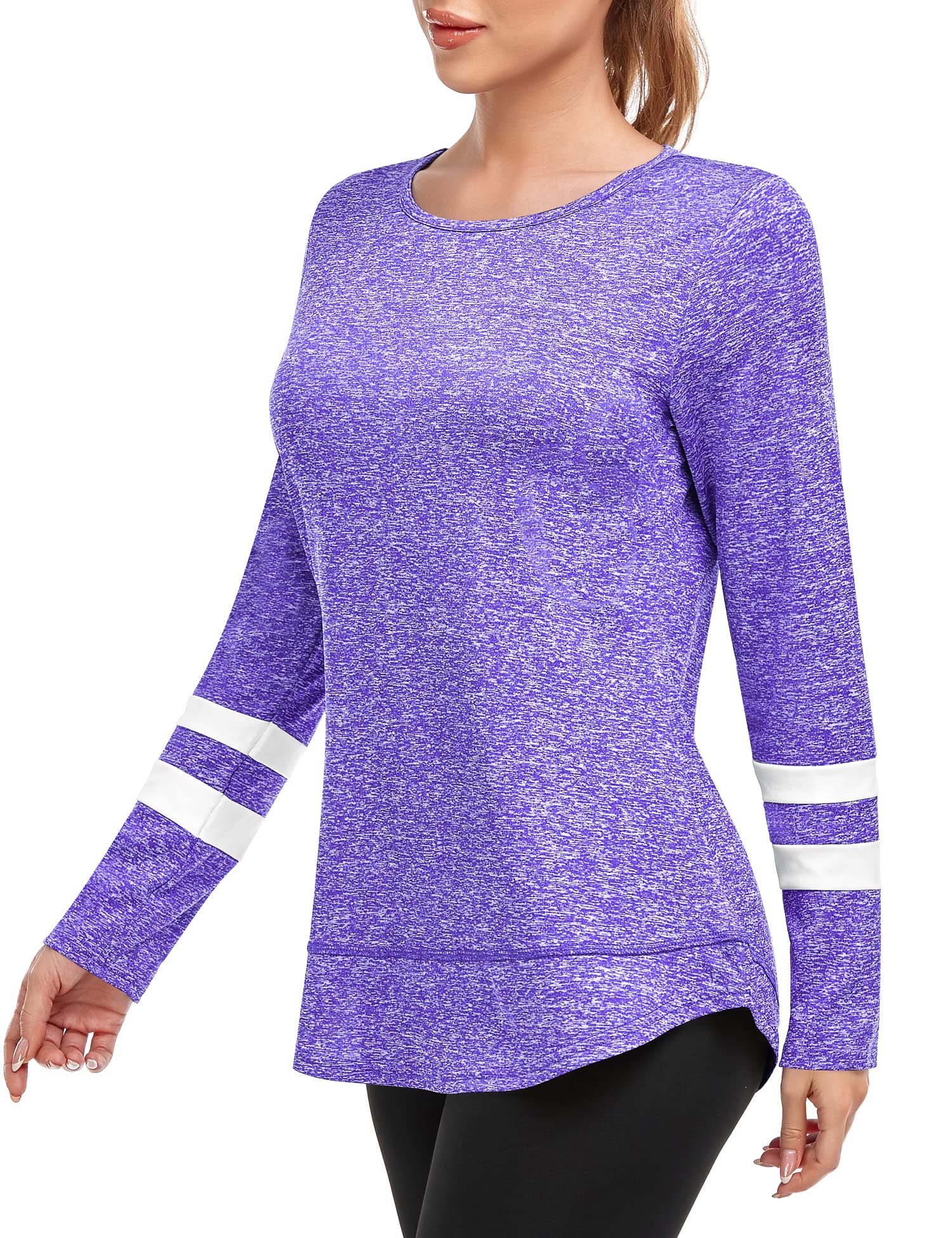 CHAMA Women's Long Sleeve Workout Shirts Stripe Crew Neck Quick Dry Tops Sports Running Activewear Loose Fit