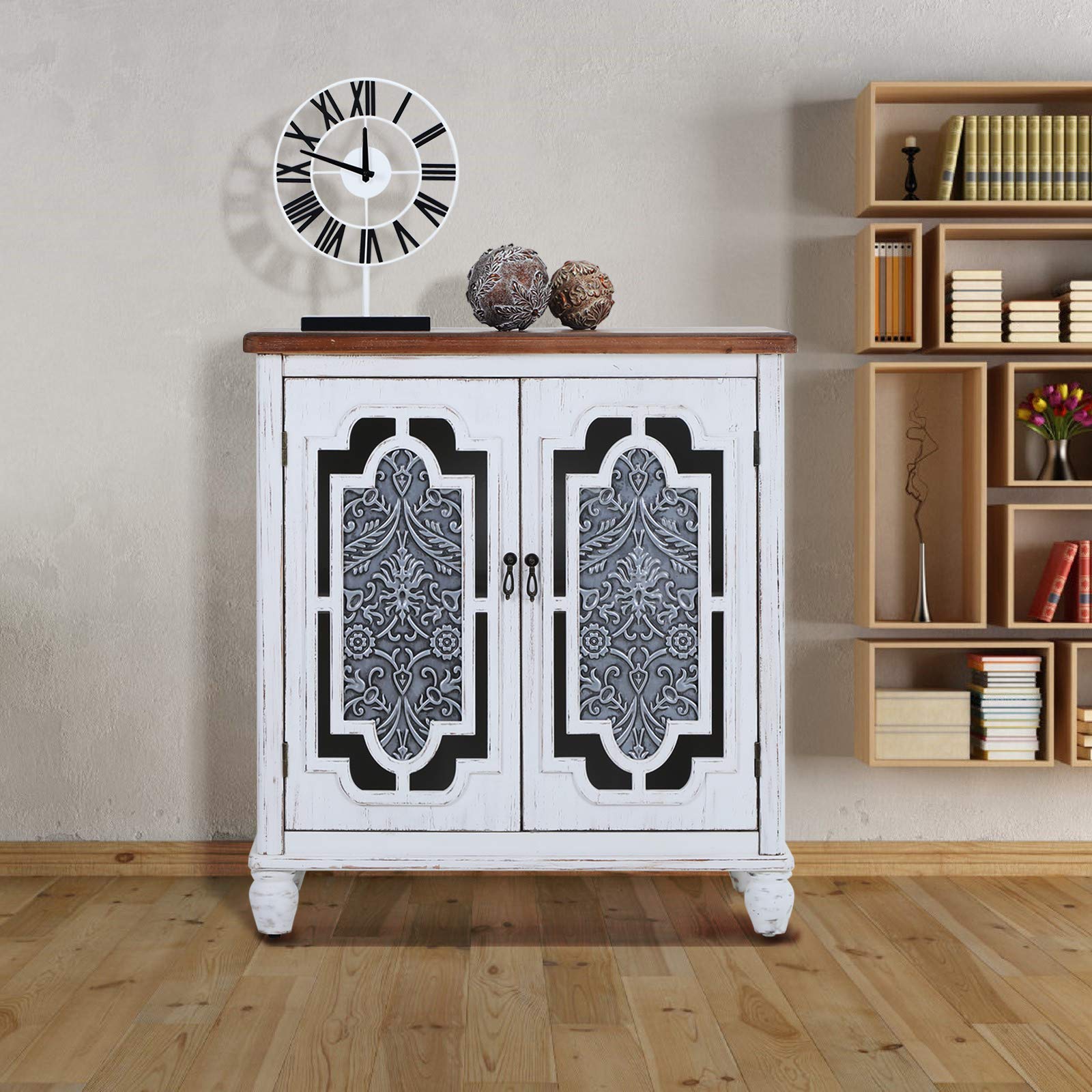 Sophia & William Accent Storage Cabinet with Wood Frame and Iron Embossed Painted Door, Distressed Floor Cabinet for Entryway Living Room