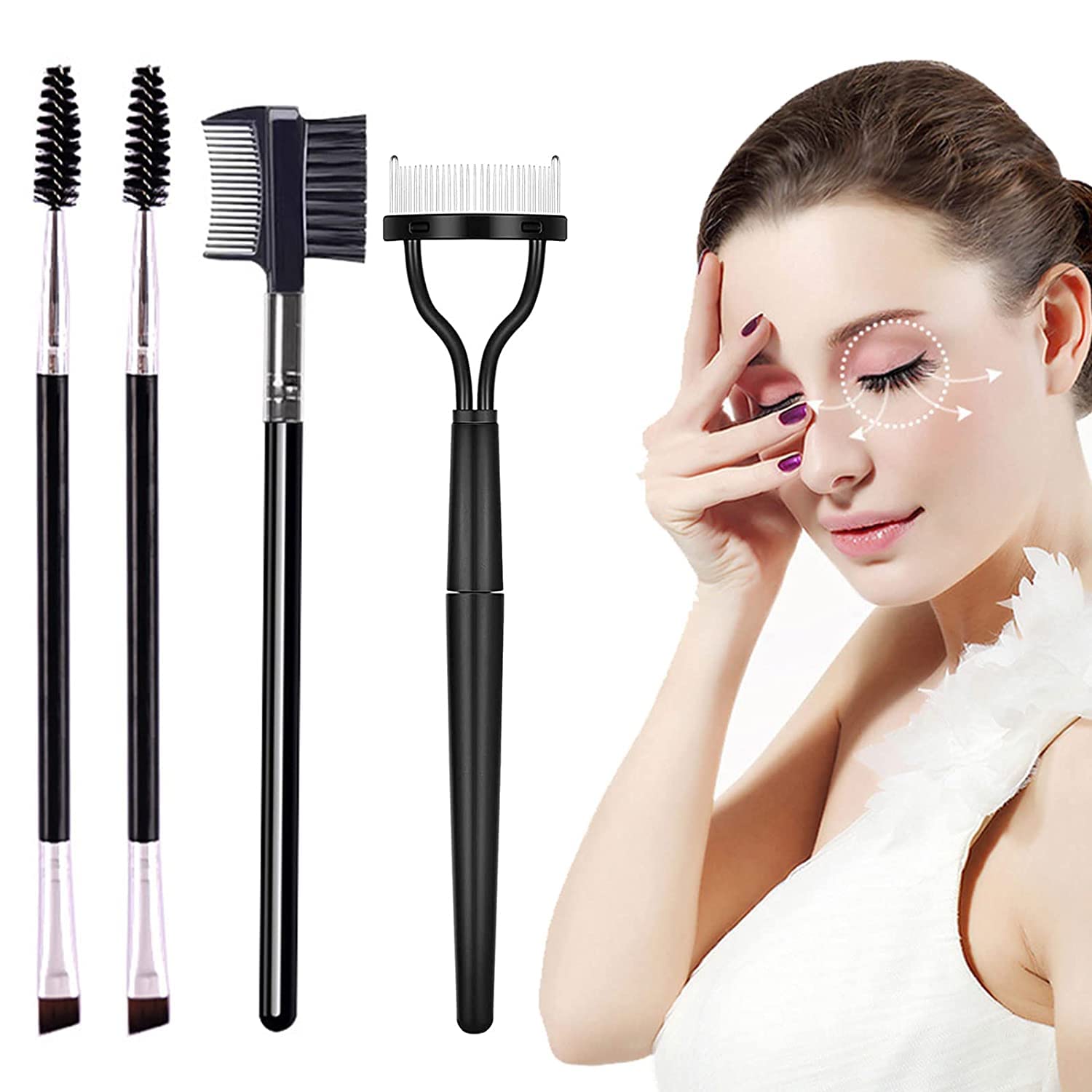 Eyebrow Brush Eyelash Separator Brow Comb & Lash Spoolie, Eyelash Comb Curlers Spoolie Brush, Metal Folding Lash Comb for Eyelas, Professional Eye Makeup Tools, 4 Pieces Set