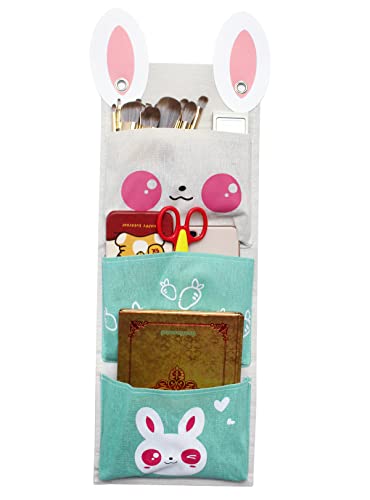 KINGREE 2PCS Wall Closet Hanging Storage Bag with Hooks Premium Linen Fabric Over The Door Organizer, Hanging Storage Pouches with 3 Pockets and 7 Pockets for Bedroom Bathroom (Rabbit)