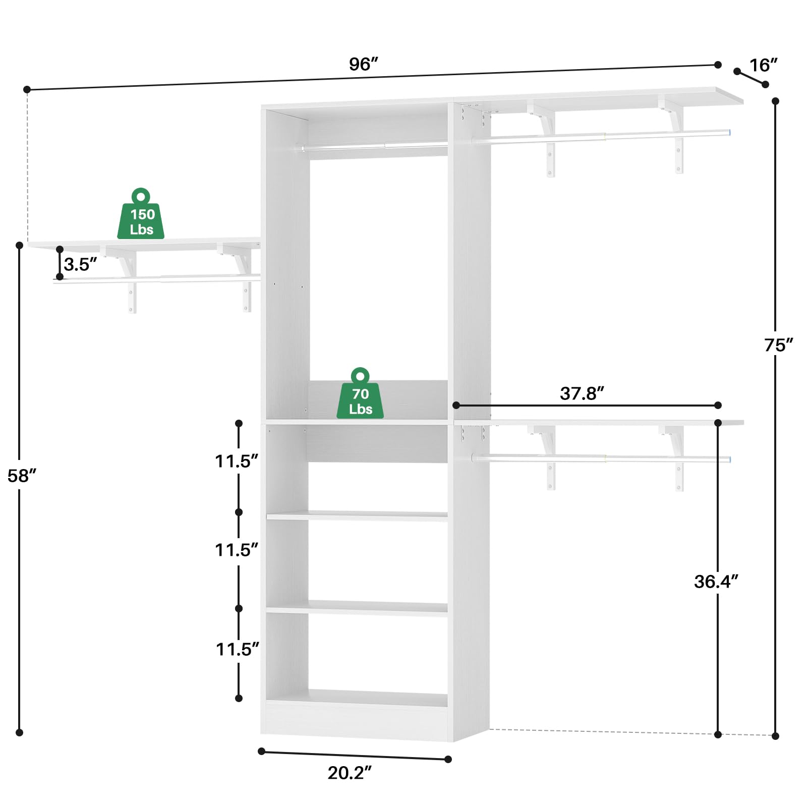 Girapow 96 inch Closet System with Storage Shelves, 8FT Closet Organizer System with 3 Hanging Rods & Shelves Adjustable, Wall-mounted Closet Organizers Storage System for Walk-in Closet, White