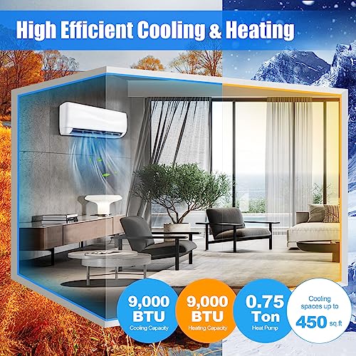 PETSITE 9000 BTU Mini Split Air Conditioner Pre-Charged Inverter Heat Pump System, 17 SEER2 208V-230V Wall Mounted Ductless AC Unit Energy Saving with Installation Kit Cools Rooms up to 450 Sq. Ft, White