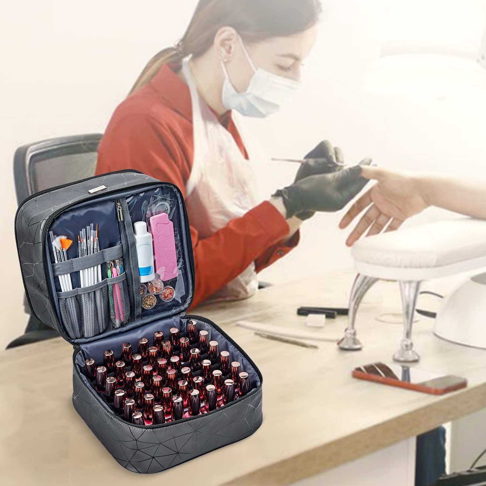 CHAMIN Nail Polish Organizer Case Hold 42 Bottles (15ml) and Nail Lamp, Nail Art Supplies Carrying Case With Detachable Interior, Double Layer Grey