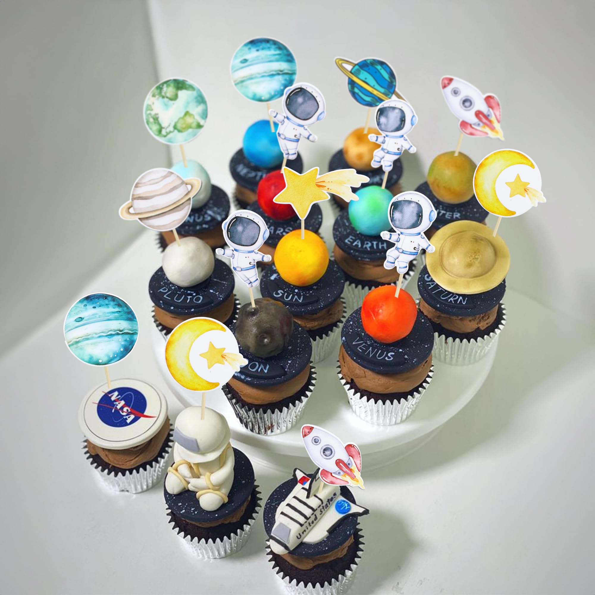 Ephlyn 36Pcs Space Astronaut Cupcake Toppers Planet Rocket Spaceship Trip to the Moon Star Cupcake Food Picks Universe Outer Space Theme Baby Shower Kids Birthday Party Supplies Blue