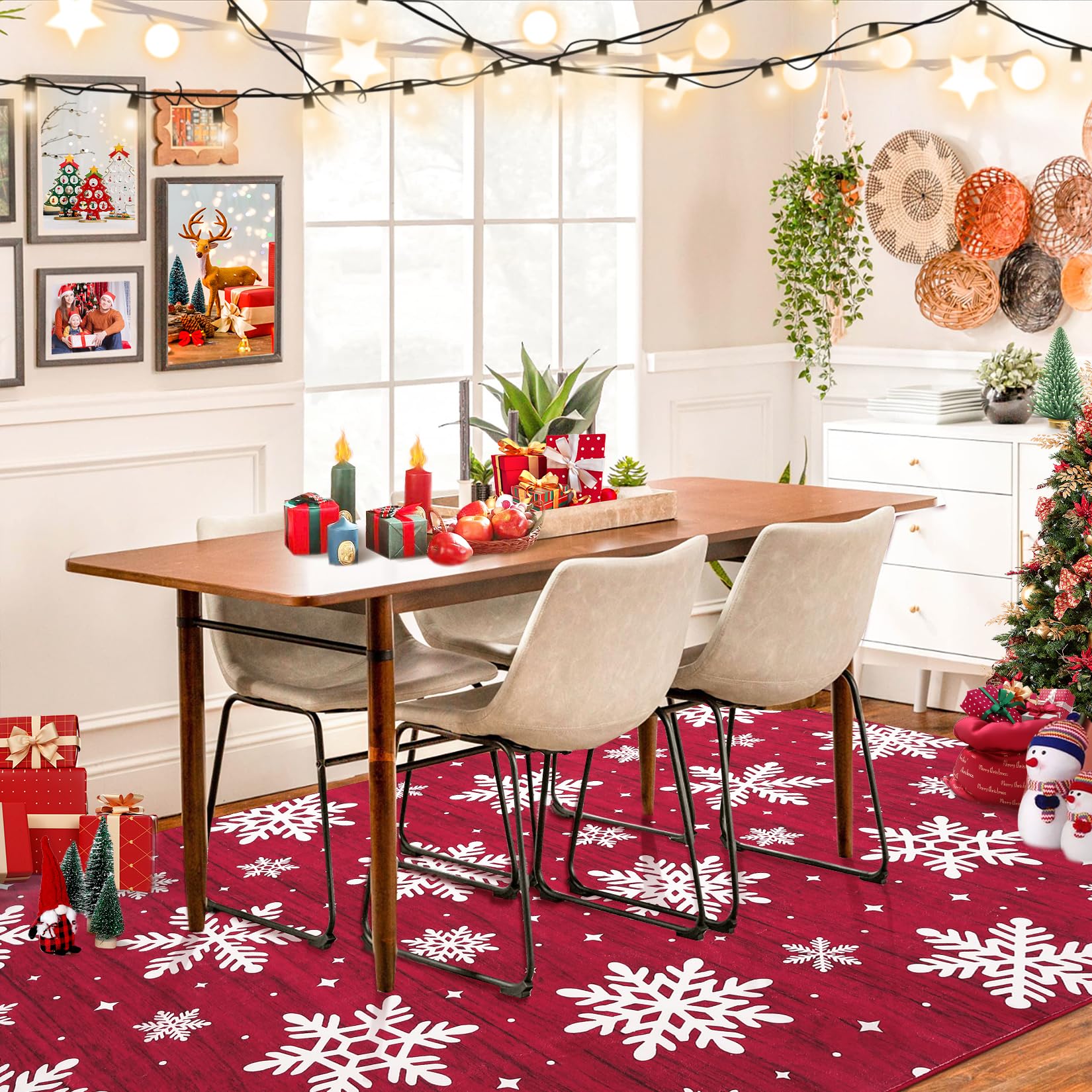 GarveeHome Christmas Runner Rug 2x6 Red Hallway Rug Snowflake Xmas Runner Washable Kitchen Rug Non Slip Bathroom Rug Holiday Decor Distressed Modern Abstract Soft Carpet for Bedroom Laundry 2'x6' Red