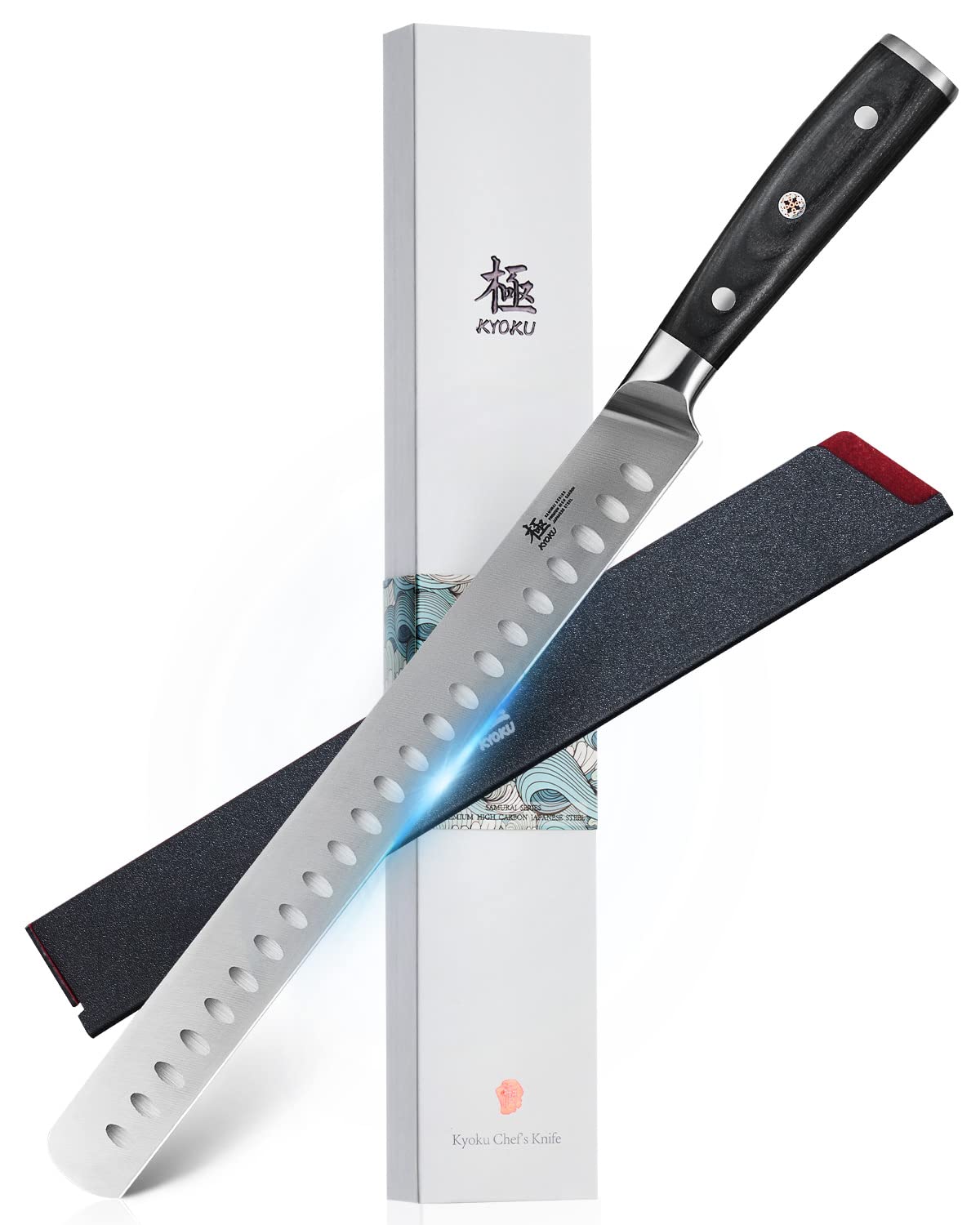 KYOKU 12" Slicing Knife, Samurai Series Brisket Knife for Meat Cutting with Pakkawood Handle, Japanese High Carbon Steel Meat Carving Knife for BBQ Brisket Turkey Ham Rib Roast Beef with Sheath & Case