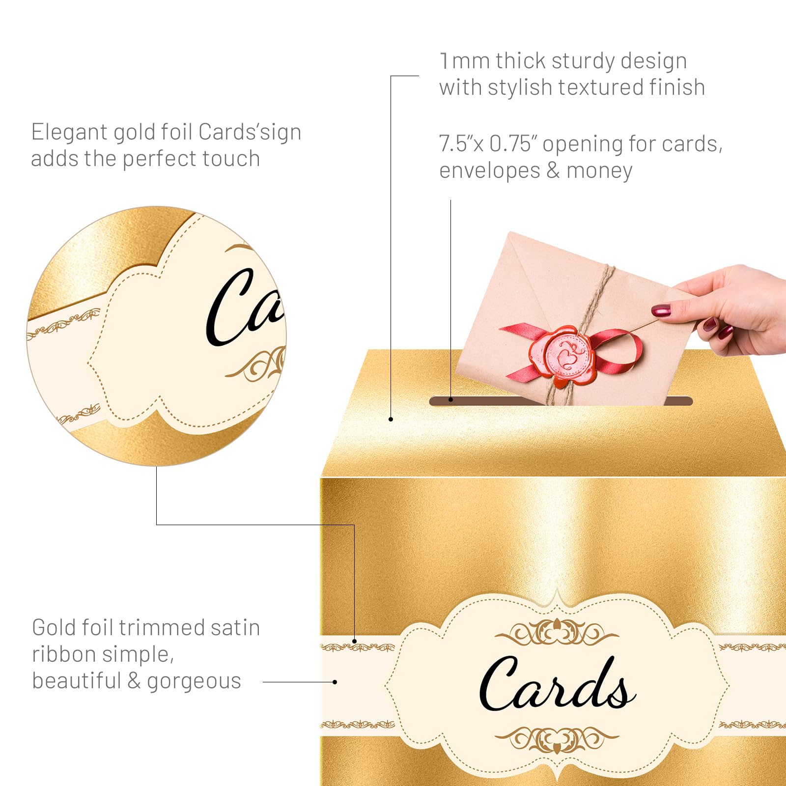 JC HUMMINGBIRD Cards Ribbon Sign Gold Shiny Metallic 10β In. x 10β In. Foldable Box with Slit, Weddings, Birthday, Donations, Gift Cards, Celebratory Cards, Devotionals