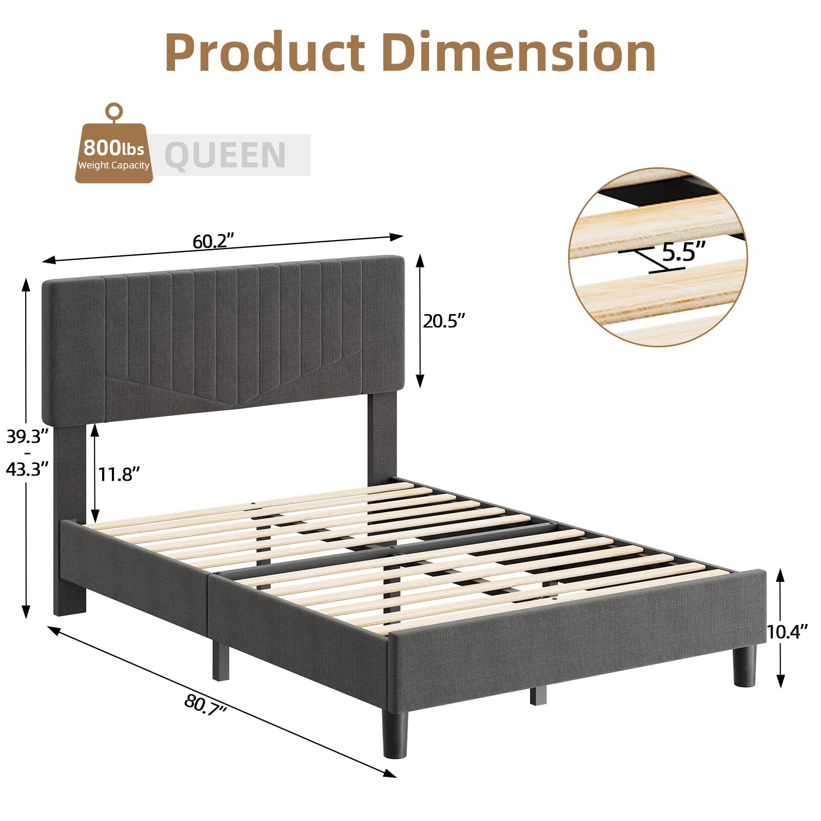 GarveeHome Grey Queen Bed Frame Upholstered Platform with Adjustable Headboard, Adjustable Modern Vertical and Diagonal Striped Headboard, Mattress Foundation, Easy to Assemble