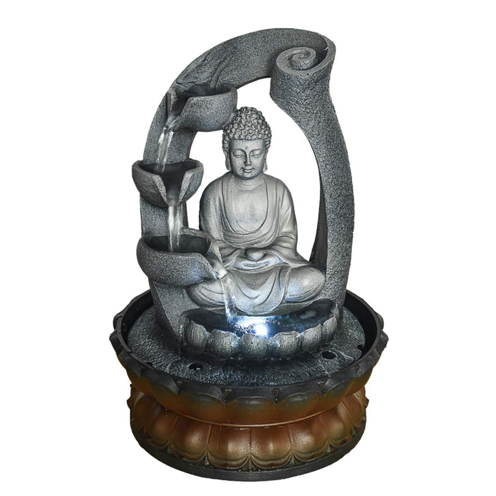PeterIvan Buddha Fountain - 11in Buddha Tabletop Water Fountain for Home&Office Decoration, Decorative Sculpture with LED Light&Circular Water Flow for Good Luck Keeping (Grey, 11inch)