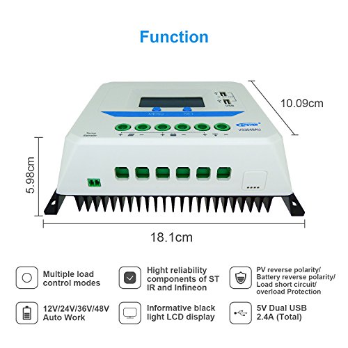 EPever Solar Charge Controller 30A 12V 24V 36V 48V Auto Work Max PV 96V Solar Panel PWM Charge Controller Regulator with LCD Display 2PCs USB Output for Off-Grid Solar System (30A , VS3048AU)