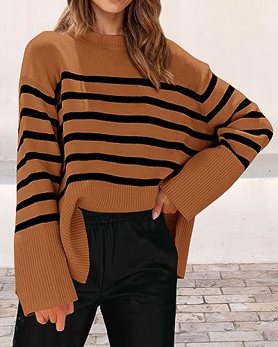 KIRUNDO Women's 2023 Fall Winter Casual Oversized Long Sleeve Striped Sweater Crew Neck Ribbed Knit Side Slit Pullover(Brown, Large)