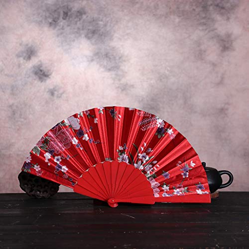 Dance Hand Party Held Flower Fan Style Wedding Lace Folding Silk Chinese Fans Metal Fans Oscillating with Remote (Red-0, One Size)