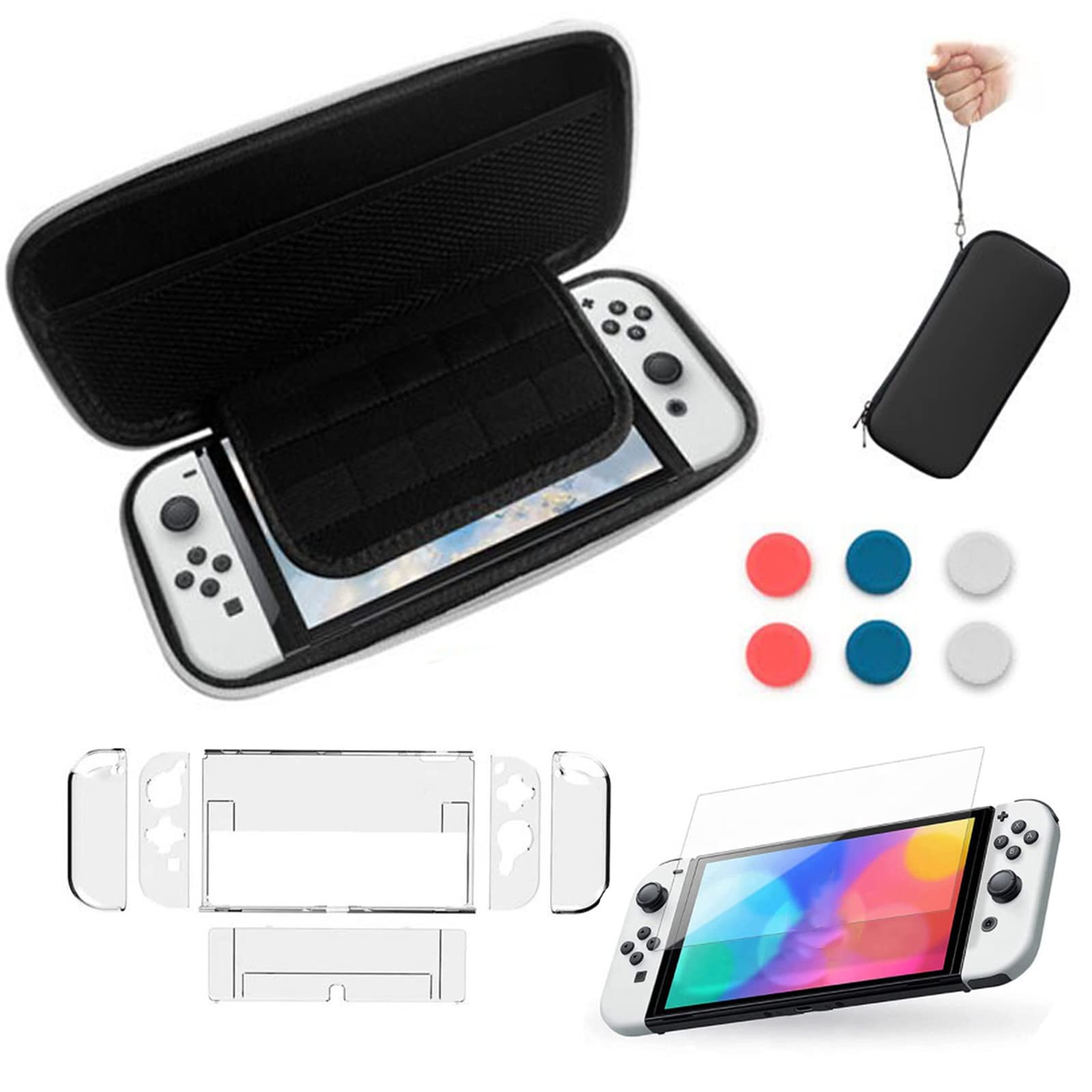 Case Compatible Nintendo Switch OLED 2021 Model, 11 in 1, Accessories Bundle Kit Carrying Case, Clear Cover, Tempered Glass Screen Protector, Silicone Skin for Joy-Con and 6 Thumb Grip Caps (B007)