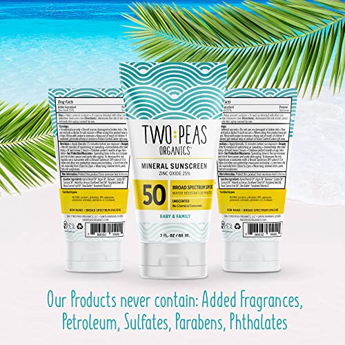 Two Peas Organics - All Natural Organic SPF 50 Sunscreen Lotion - Coral Reef Safe - Baby, Kid & Family Friendly - Chemical Free Mineral Based Formula - Waterproof & Unscented β 3oz