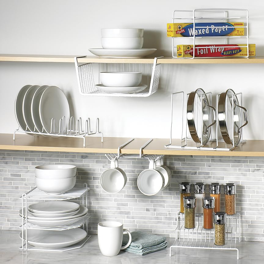 Home Basics Corner Rack, White, Vinyl Coated Steel, Rust Resistant, 2-Tier Shelf, Keeps Spices and Cups Organized, 9x9x8.5in