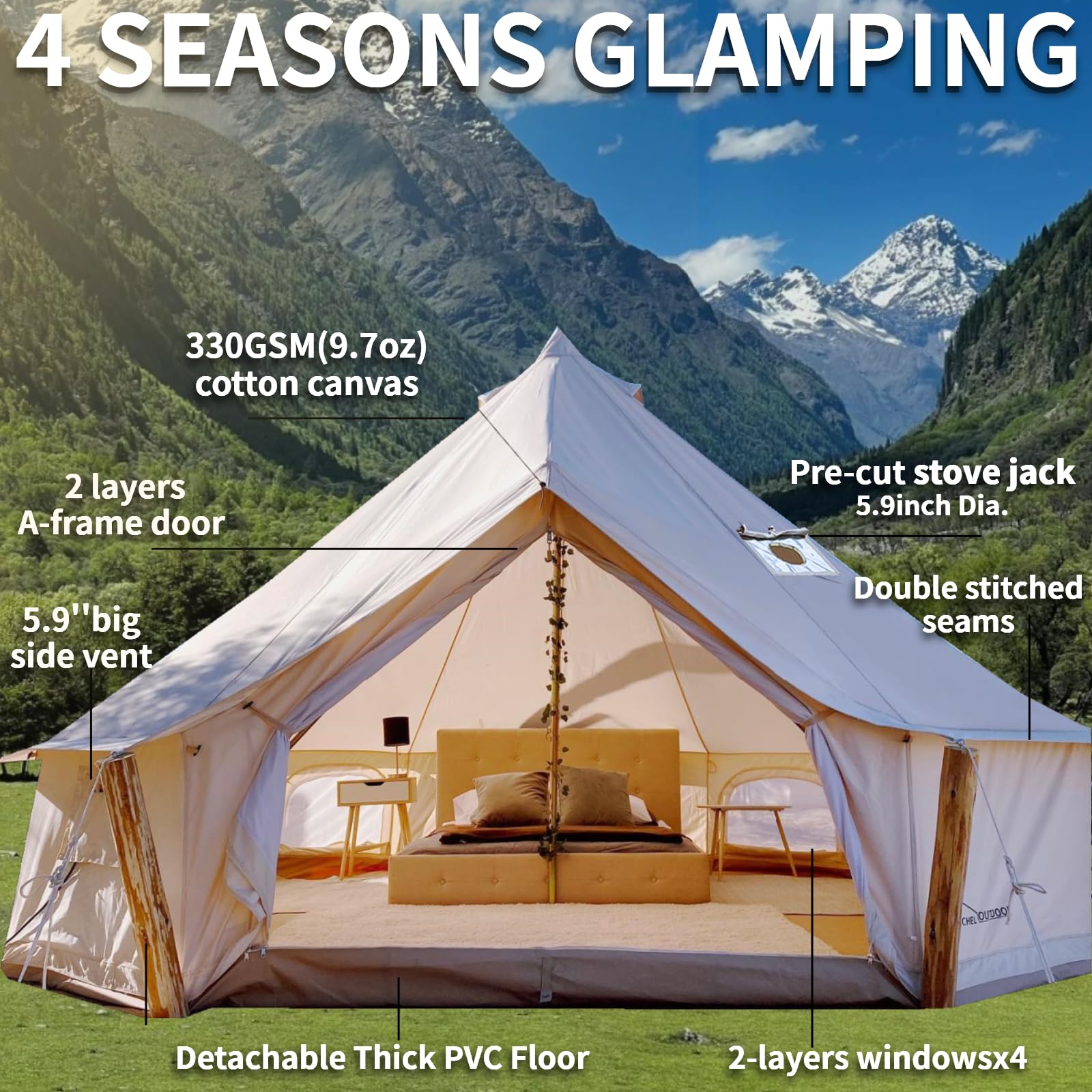 DANCHEL OUTDOOR Waterproof Yurt Tent with Stove Jack for 6 Person Camping, Glamping Canvas Tent with Footprint Accessories